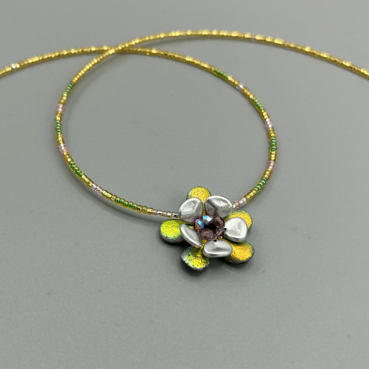 Andrea Necklace in Matte Green, Silver and Purple Center – ShelaleeShop